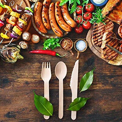 300Pcs Disposable Wooden Cutlery Set Home Party Dessert Spoo