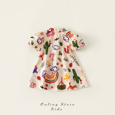 Teenage Girls Shirt Printed Dresses Summer 2023 New Little