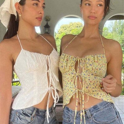 Yiallen Summer Floral Print Halter Neck Women Crop Top Backl