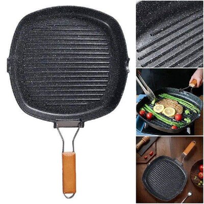Nonstick Grilling Pan Foldable Wooden Handle Grill Skillet