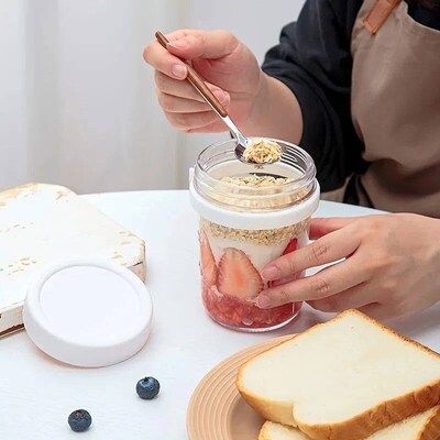 350ML Overnight Oat Cup Glass With Lid And Spoon Seal Food B
