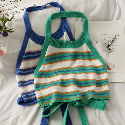 HELIAR Women Striped Backless Halter Tops Women Knitted Crop