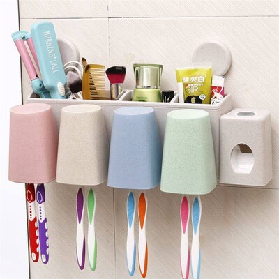 A rack on which electric toothbrush cups are placed on a