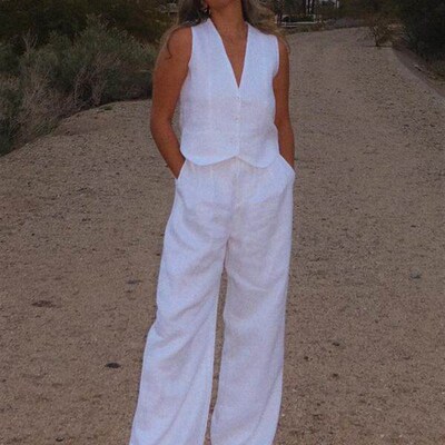 Clacive Summer White Linen Two Piece Set For Women 2023 Fash
