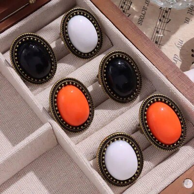 Vintage Orange Color Black White Oval Resin Metal Rings for