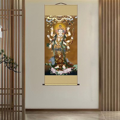 摩利支天菩萨光明天母画像丝绸布卷轴玄关供奉装饰挂画