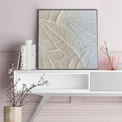 纯手工立体装饰画抽象油画现代极简挂画简单白色壁画厚肌理树叶画