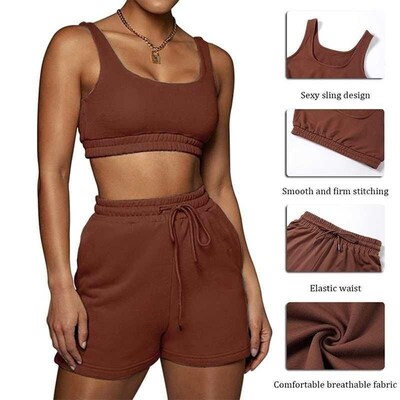 Casual Solid Shorts Sets Ladies Clothes Crop Top 2 Piece And