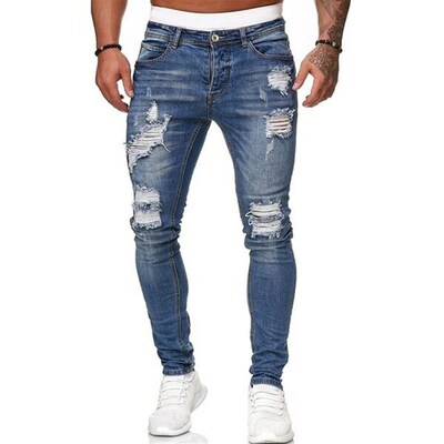 Mens Pants Hole Grinding White Slim Fit Denim Trousers Fash