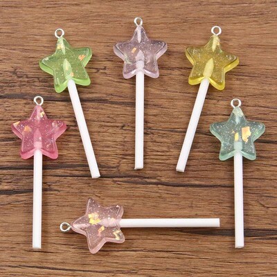10Pcs 21*59MM 6 Color Bling Glitter Star Lollipop Resin Char