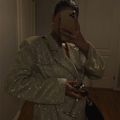 Tossy Glitter Silver Party Two Piece Pants Set Women Club Ni