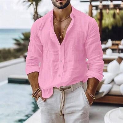 Cotton Linen Shirt for Men Summer Beach Style Solid Color Si