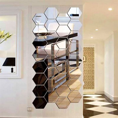 48pcs Hexagon Mirror Wall Stickers DIY Art Wall Decoration L