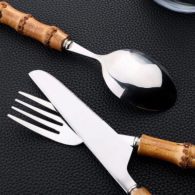 24Pcs Bamboo Tableware Sets Stainless Steel Bamboo Cutlery S