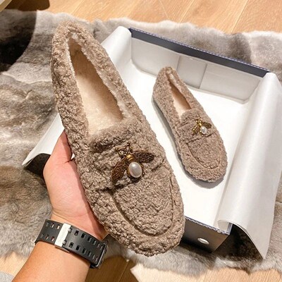 2023 New Womens Winter Plush Shoes Wear non slip warm flat