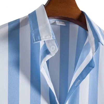 Summer Men Shirt Striped Hawaii Buttons Short Sleeve Shirt B