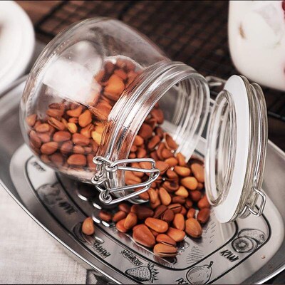 Sealed cans, glass food bottles, small storage jars