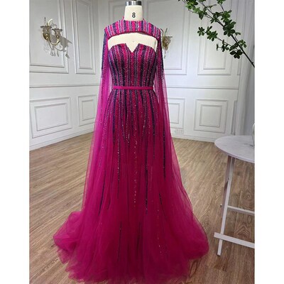 Arabic Green Cape Sleeves A Line Beaded Evening Dresses Long