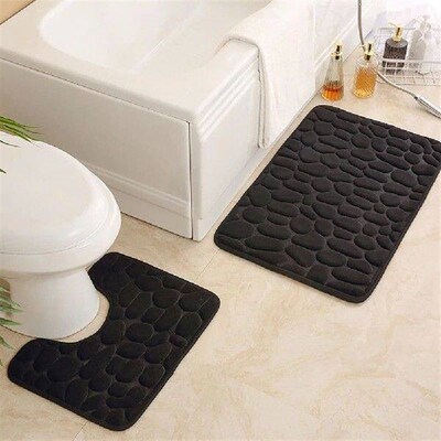 3 Pieces Bathroom Bath Mat Cobblestone Embossed Memory