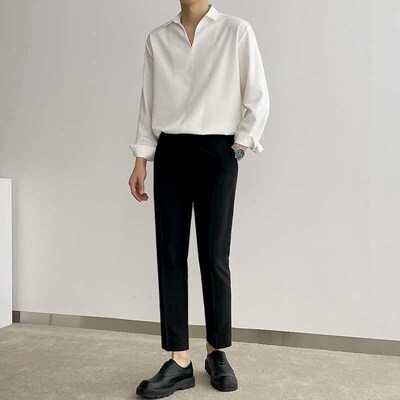 MYQ Mens Loose Pullover V-Neck Long-Sleeved Shirt Fashionab