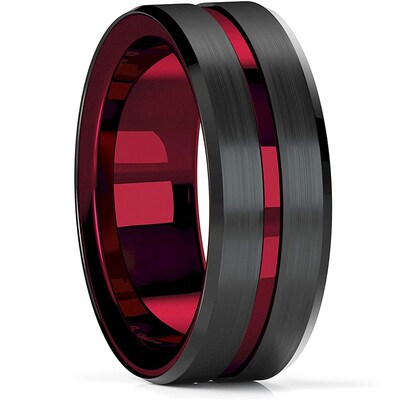 Fashion 8mm Red Groove Beveled Edge Black Tungsten Wedding