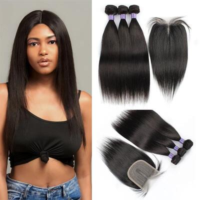 3 Bundles With Closure Natural Color Remy Brazilian Human Ha