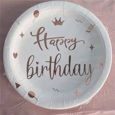 White Happy Birthday Disposable Tableware 10 Guests Rose Gol
