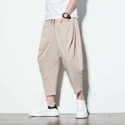 Summer cropped pants mens loose linen casual pants tend lar