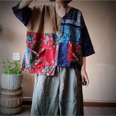Women Irregular Length Patchwork Linen Blouse Tops Ladies Vi
