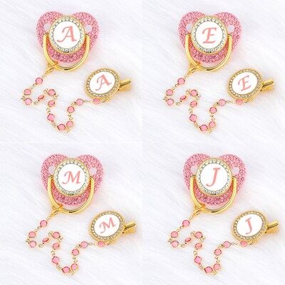 Pink Zircon Luxury Baby Pacifier Clip 26 Letters Newborn Per