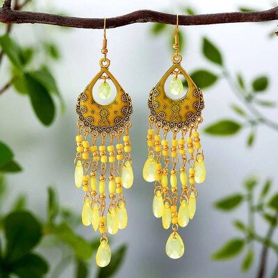 Bohemian Long Colorful Tassel Beads Water Drop Dangle Earrin