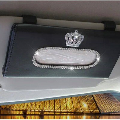 Fashion Crown Crystal Car Tissue Box Sun Visor Leather Auto