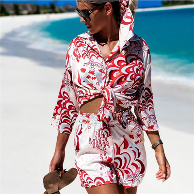 hirigin 2pcs Beach Styles Satin Sets Women Fashion Scenery P