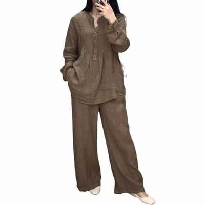 long-sleeved fashion wide-leg cotton linen placket pleated