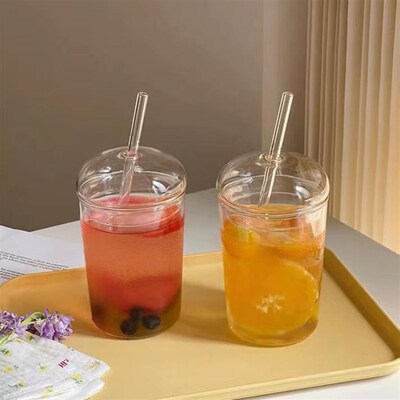 Transparent glass straw cup with lid coffee beverage cup