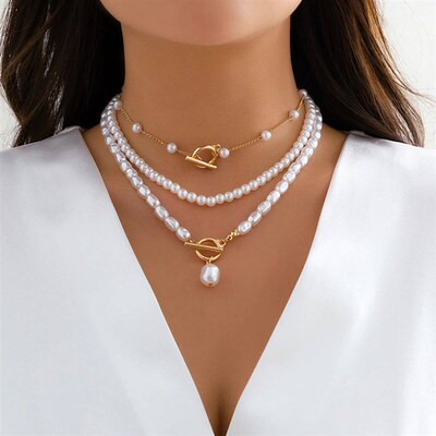 Ingemark Multilayer Imitation Pearl OT Buckle Pendant Neckla