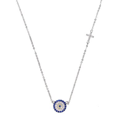 blue CZ evil eye disco charm cz cross dainty silver chain gi
