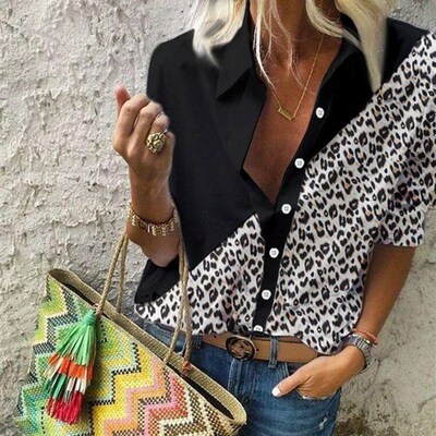 New Leopard White Spliced Shirts Women Elegant Fashion Ladie