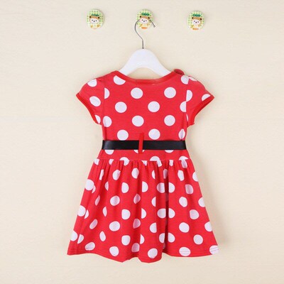 Red Short Sleeve Round Neck Cute Kids Dress with Dots Cute R