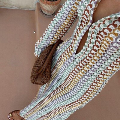 Striped Hooked Crochet Knitted Long Dress 2023 Autumn Long S