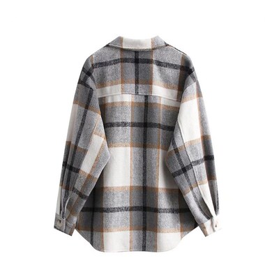 Womens Woolen Shirt Single-breasted Loosen Bag Grey Plaid a