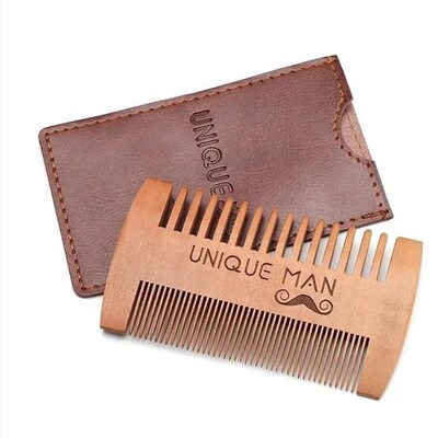 Mens Wooden Beard Comb with Leather Case Mustache Hair Comb