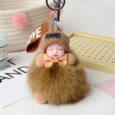 Cute Sleeping Baby Pompom Keychain Real Fox Fur Pendant For