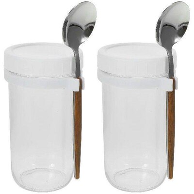 2 Pcs Mason Cup with Spoon Breakfast Oatmeal Containers