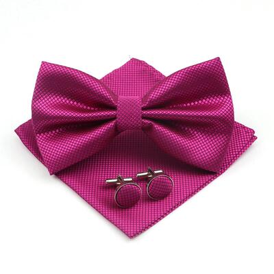 Mens Formal Solid Color Polyester Bowtie Pocket Square Cuffl