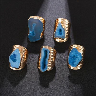 Irregular Geode Stone Agate Slices Wide Open Ring for Women