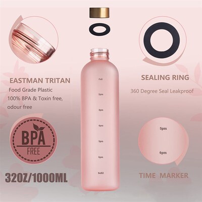 1L Water Bottle With Time Marker 32 OZ Motivational Reusable