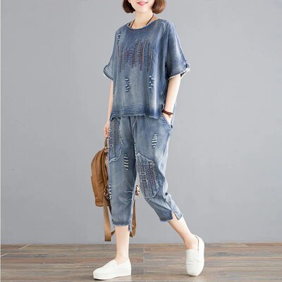 Blue Denim Suit Loose Summer Women Cowboy 2 Piece Set Floral
