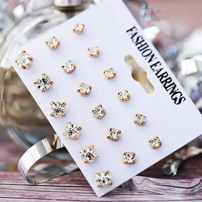 Vintage Simple 4Claw Zircon Earring Set 9 Pairs Creative Fas