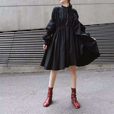 Dress Fashion tendy Pleated Lantern Sleeve Large Swing Shirt